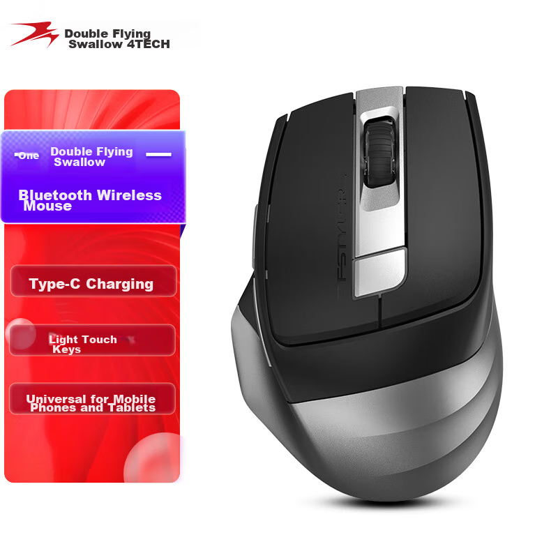 A4TECH FB35CS Flying Bird Wireless Bluetooth Mouse, Quiet Rechargeable Model for IPad, Apple Mac, Laptop, Office Use, Steel Gray