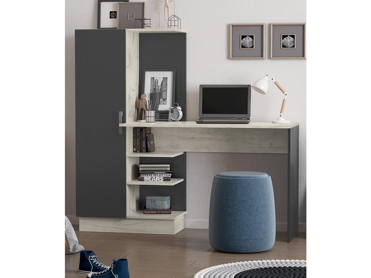 Стол компьютерный, со шкафом-пенал и 3-мя полками, Графит/Дуб крафт белый