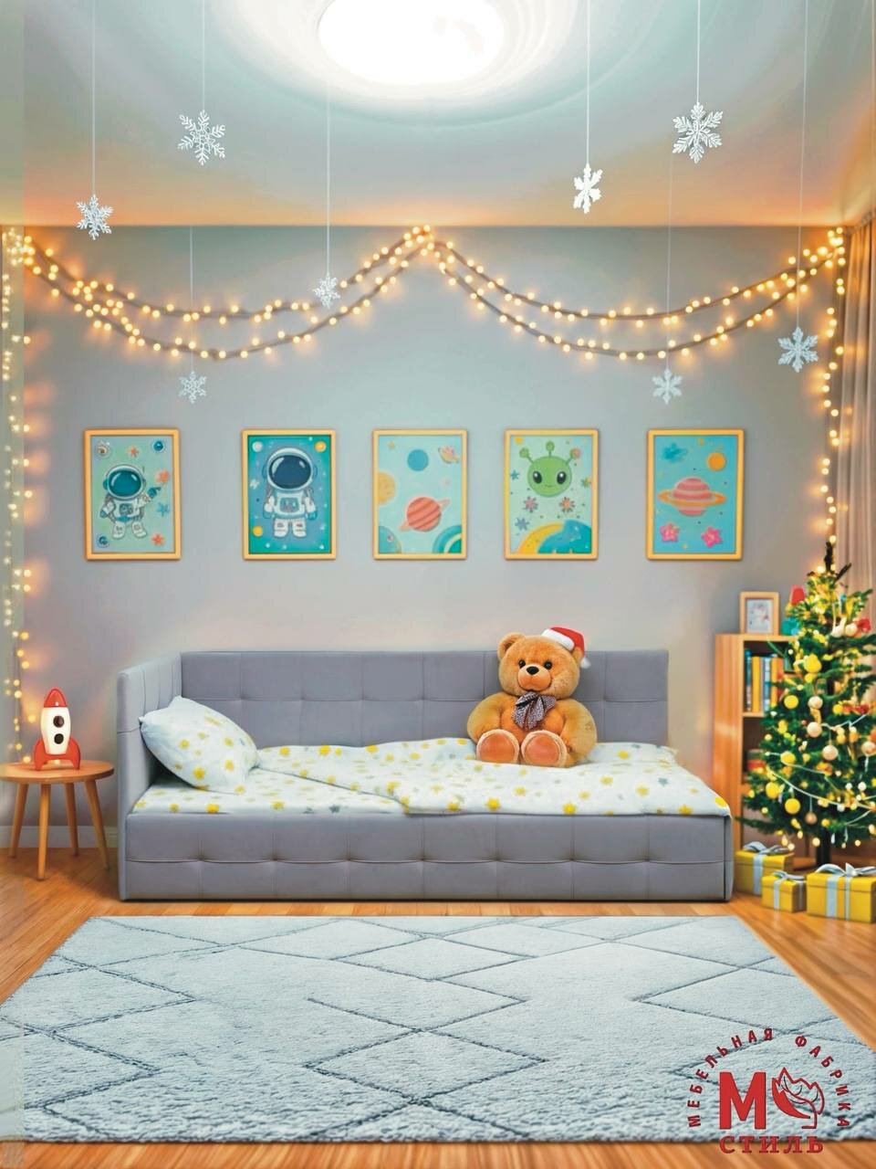 Кровать М-Стиль Банни, ортопедическая, ЛДСП, с ящиком, серая