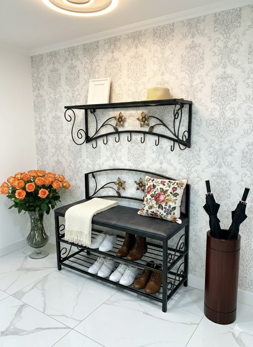 Кованая прихожая, вешалка + банкетка, Студия кованой мебели Нива, цвет черный кристалл