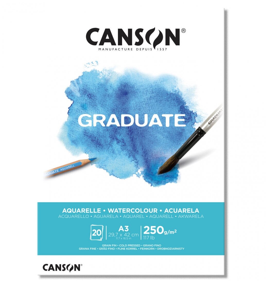 Canson Склейка для акварели "Graduate", A3, 250г/м2, 20л, Grain fin \ Cold pressed