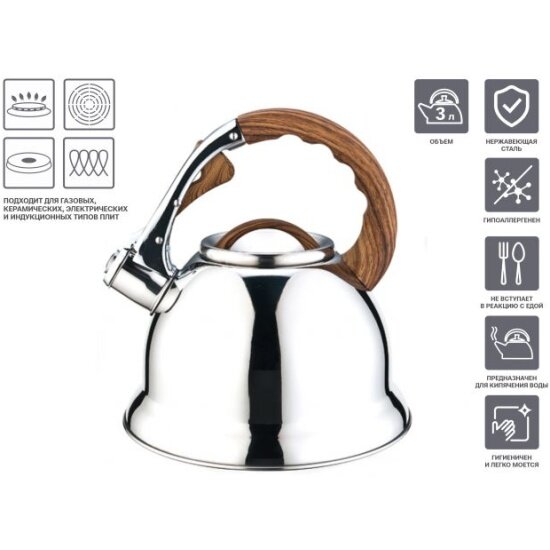 Perfecto Linea Чайник со свистком, нержавеющая сталь, 3.0 л, Earl Gray, (Диаметр 22 см, высота 24,5 см, общий объем изделия 3,0 л.) (52-330003)