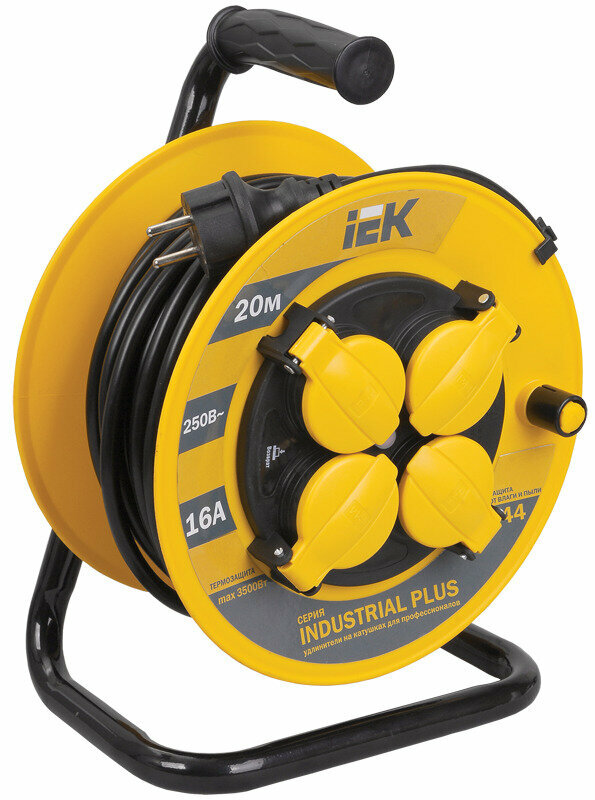 Удлинитель IEK "Industrial Plus", на катушке, с заземлением, с термозащитой, 4 гнезда, 20 м. WKP15-16-04-20-44