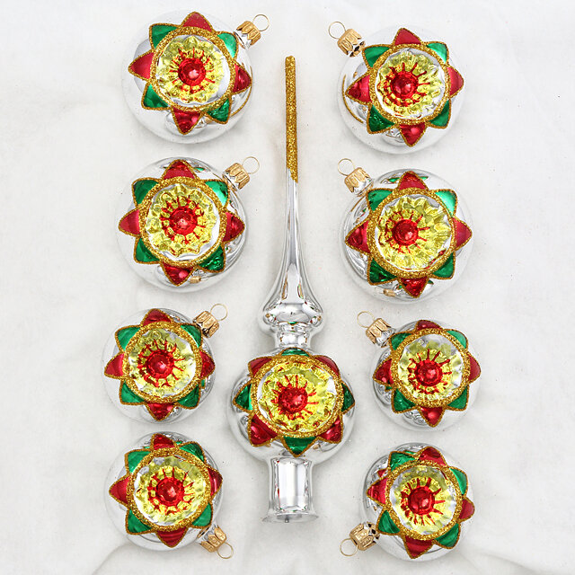 Набор стеклянных елочных шаров с верхушкой Арлекино, Фабрика Елочка, С827