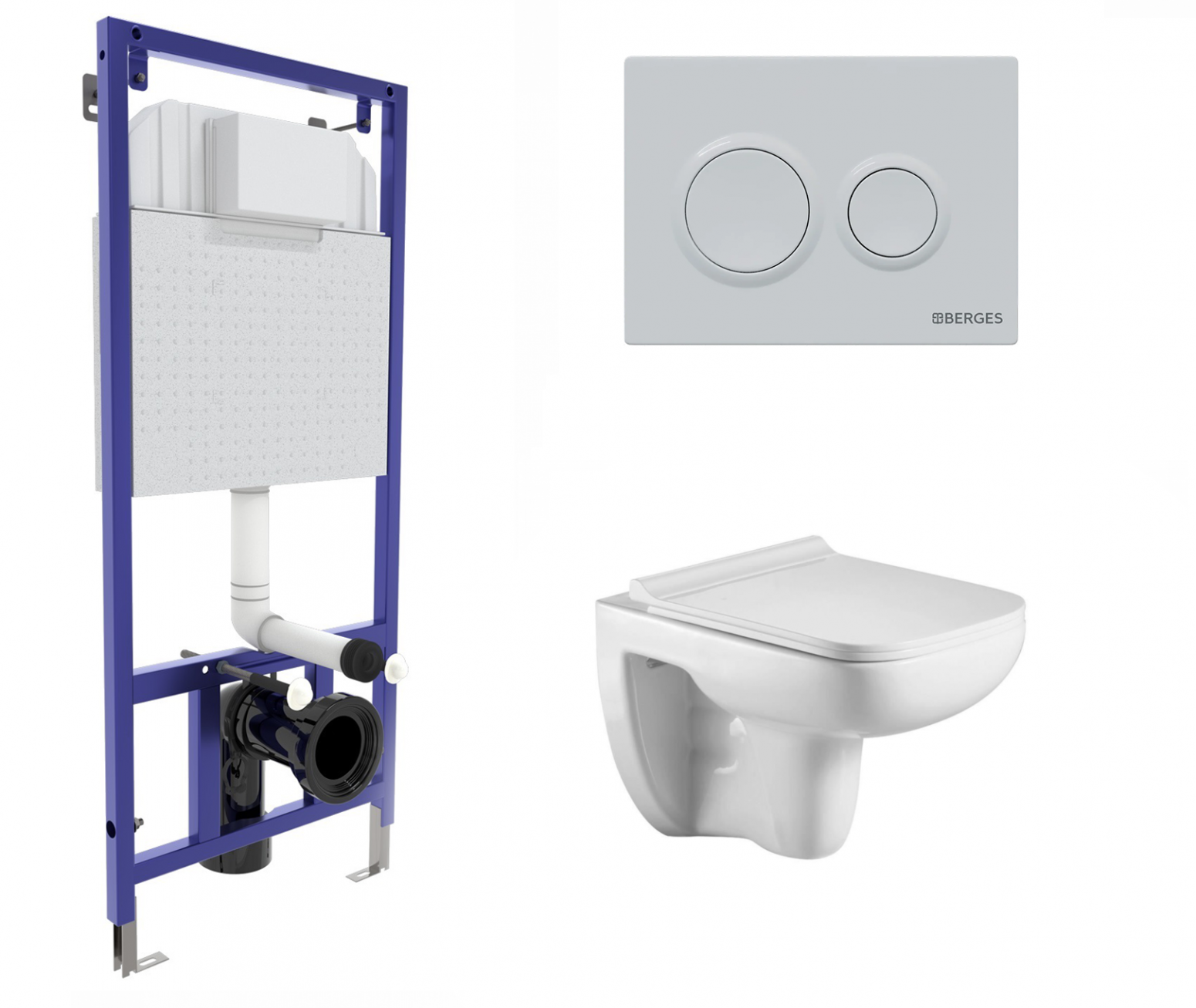 Комплект 3 в 1 инсталляция Berges Novum O4 + Подвесной унитаз WeltWasser Kehlbach 004 GL-WT с кнопкой белой