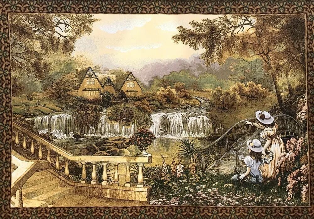 Панно гобеленовое на стену "Дом у водопада", 90х70 см / Гобелен