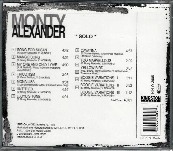Диск MONTY ALEXANDER - SOLO(CUT OUT) (1 CD) — фото 1