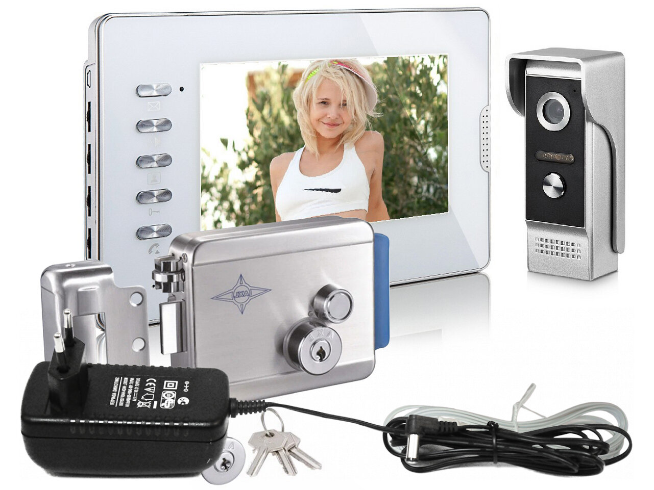 Набор (цветной видеодомофон - замок) - ЕП-7300-W + Anxing Lock-AX091 (O47783OK) (домофон в частный дом с электромеханическим замком)