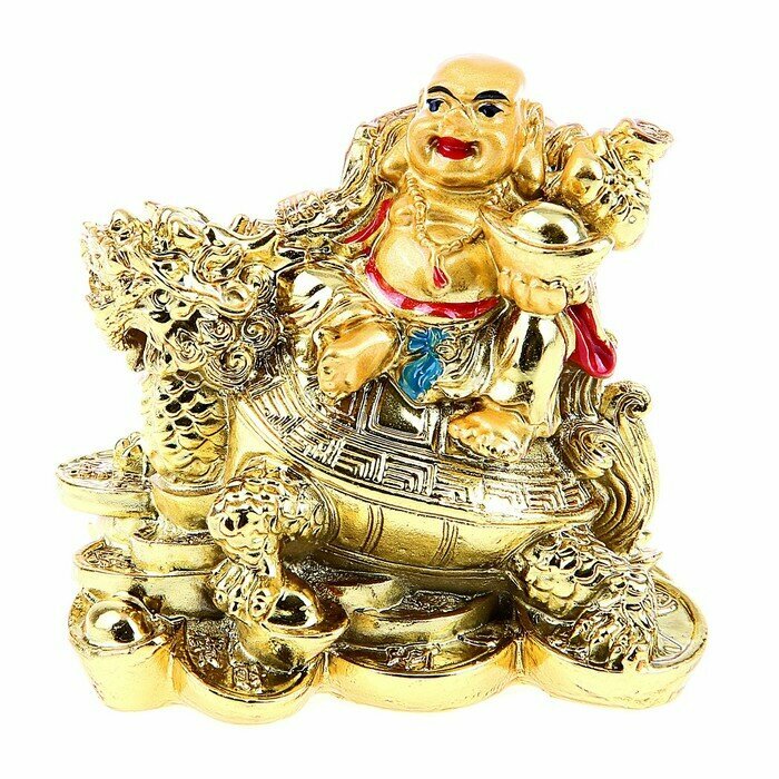 Нэцкэ фигурка «Хотей на драконочерепахе», 7.5×7.5 см, под золото
