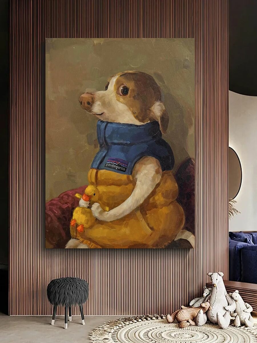 Милые песики, Собака в пуховике, Картина собака, 30х40 см.