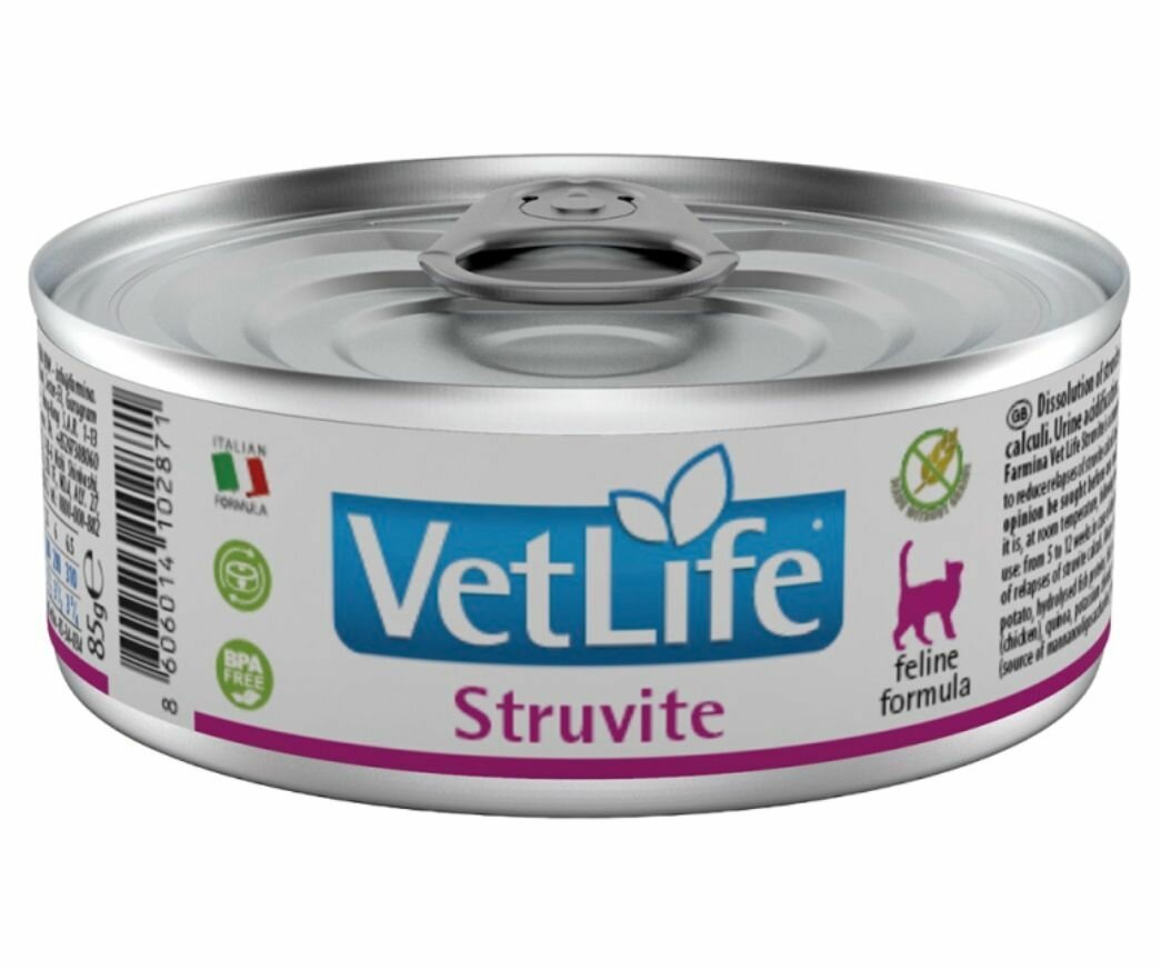 Farmina / Фармина Vet Life влажный корм паштет Struvite для кошек для растворения струвитных камней, при заболеваниях нижних мочевых путей и снижения рецидивов струвитного уролитиаза, 85 гр