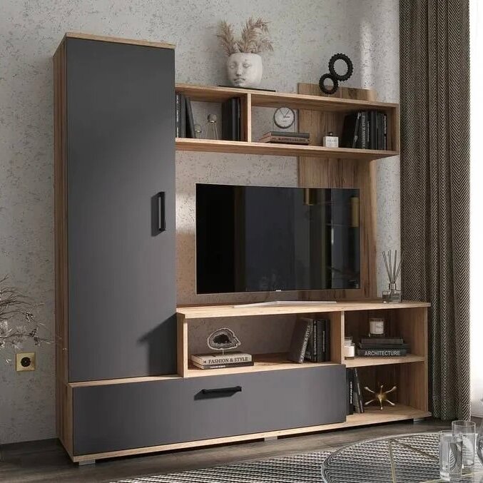 Гостиная стенка Мини, мебель под телевизор с пеналом и дверцей, 150х152х44 см, Графит / Дуб крафт золотой