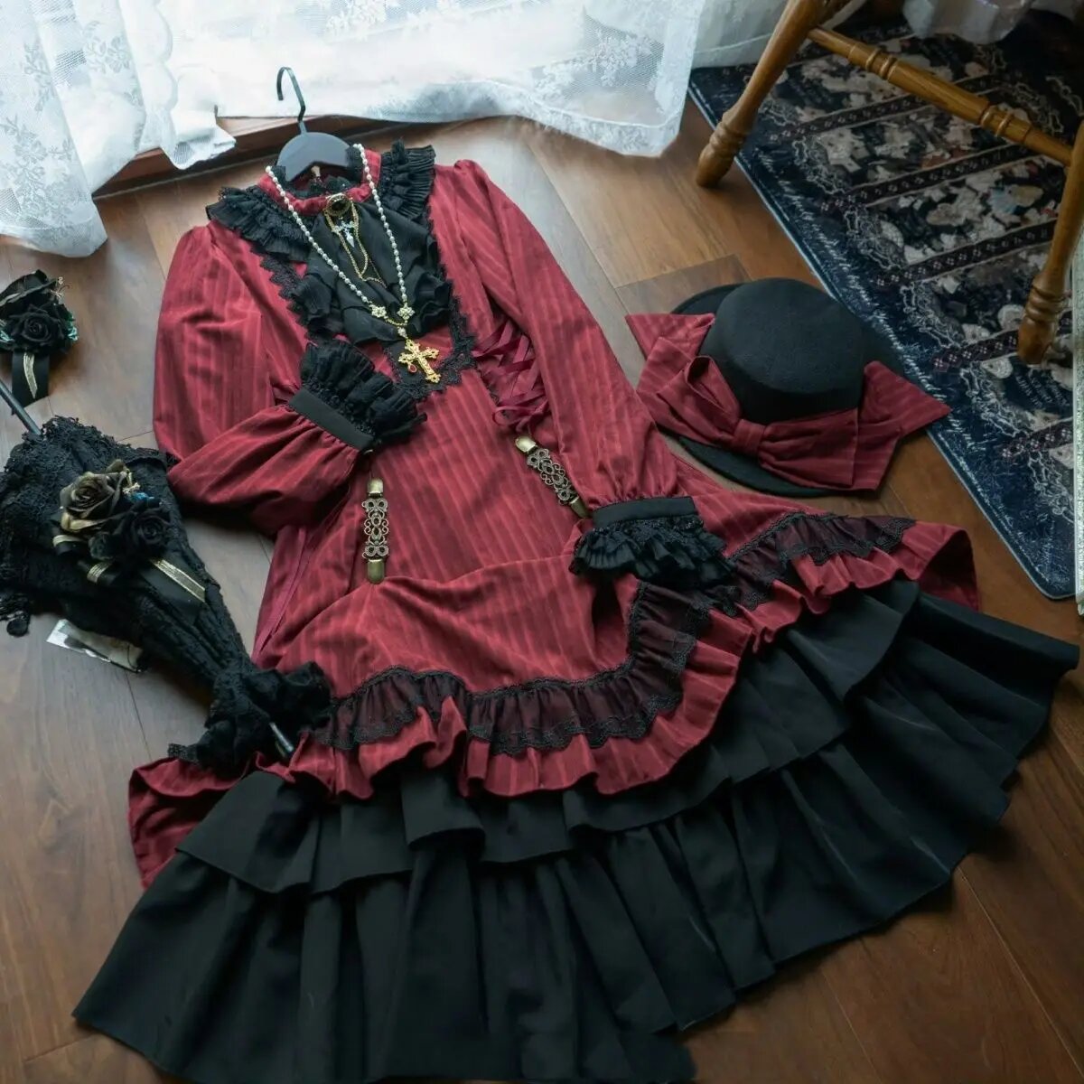 Женское платье в стиле стимпанк, красное и черное, XL