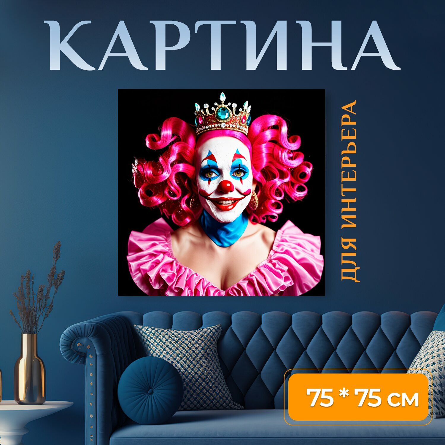 Картина на холсте "Картинка с изображением клоунессы с яркими крупными кудрями розового цвета и короной, украшенной драгоценными камнями. На." на подрамнике 75х75 см. для интерьера