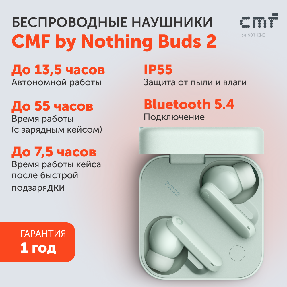Наушники Nothing "CMF Buds 2", с ANC, Bluetooth 5.4, защита IP55, до 13,5 ч работы
