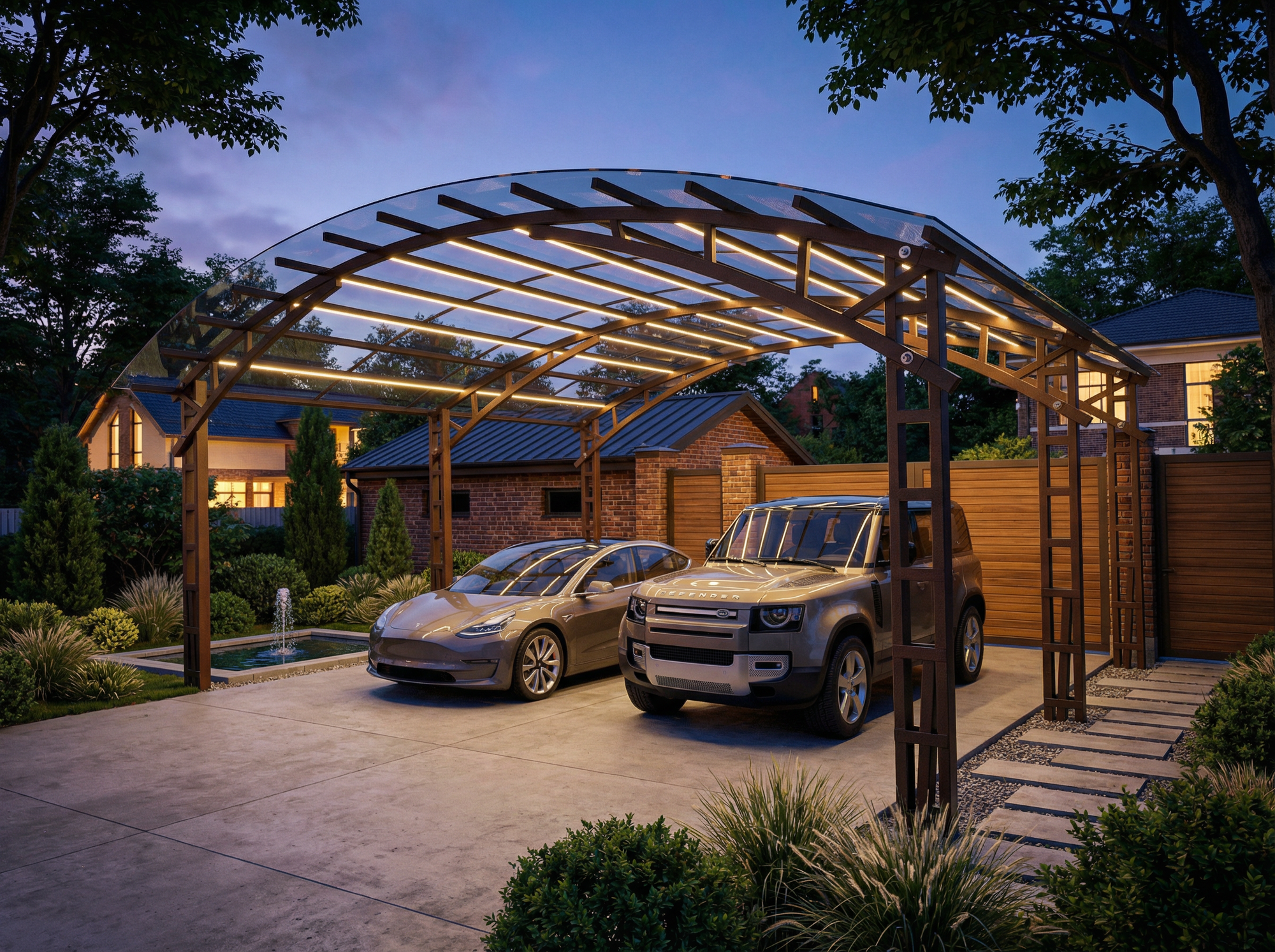 Автонавес консольный TEHNO ARМ-С, поликарбонат входит в комплект, размер 7,6х7,4м, цвет шоколад RAL 8017