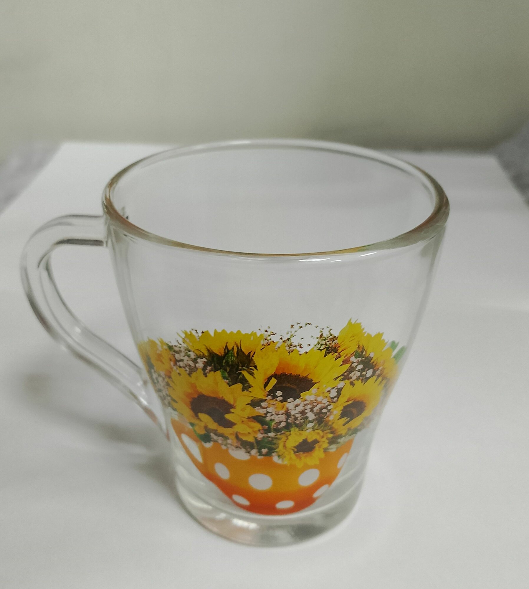 Кружка чайная стеклянная прозрачная Грация "Подсолнухи" 250мл, д9см, h8см (Россия)