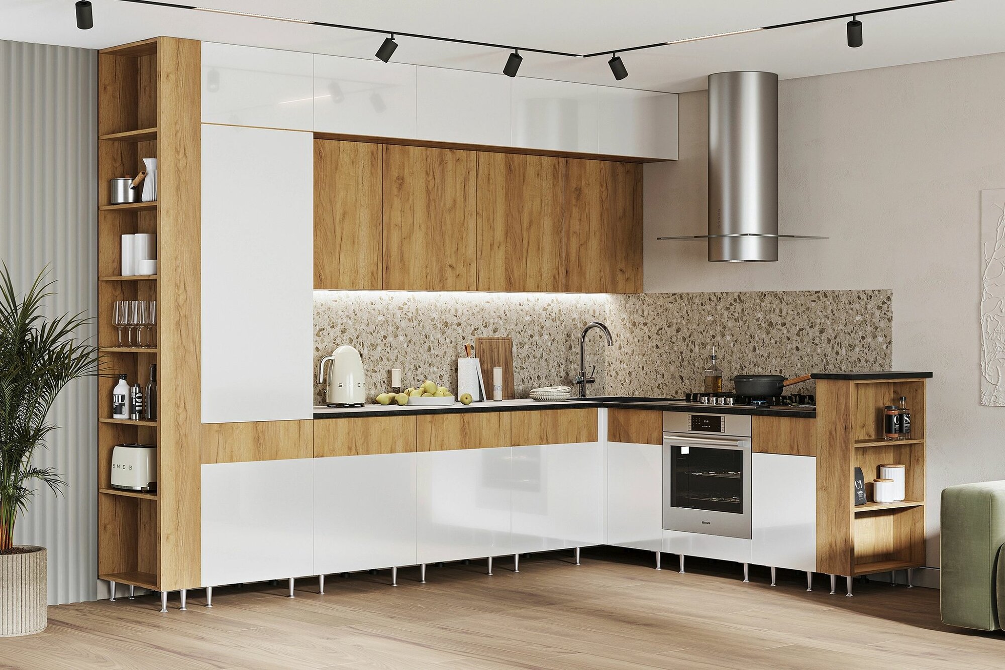 Кухня Техно-5 3,2*2,24м (490) (Дуб Крафт/Белый глянец, Дуб Крафт (Кастилло темный))