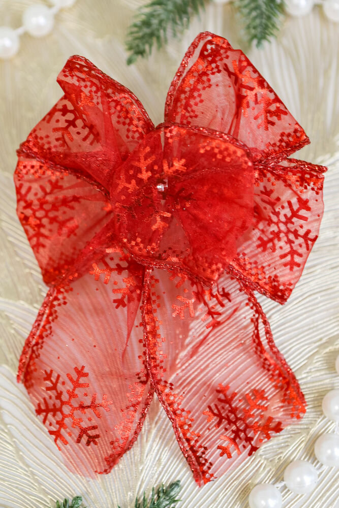 Бант для декорирования тёплый блик - снежинки, красный, 11x15 см, Kaemingk 445306-5