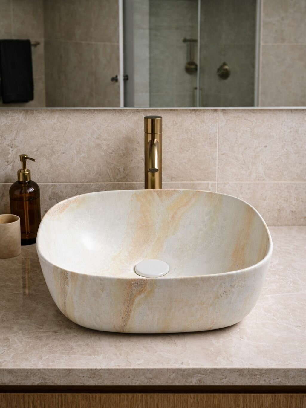 Раковина накладная для тумбы в ванную 41x41 Квадрат фарфоровая под бежевый мрамор Aurastone