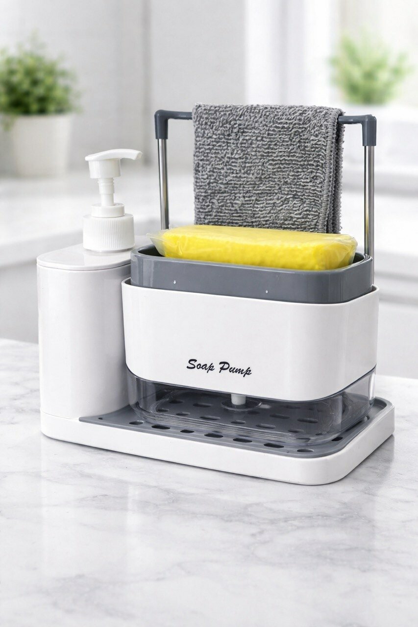 Кухонный диспенсер для моющего средства с органайзером и держателем губки и полотенца 3-в-1