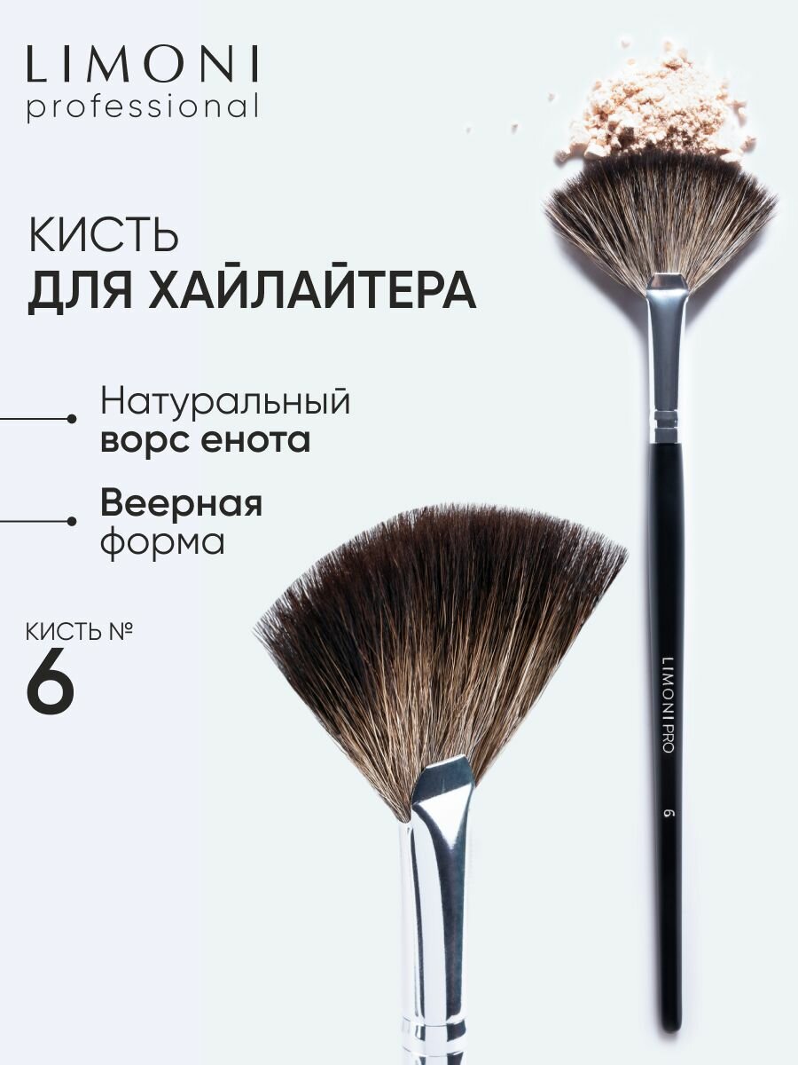 LIMONI Кисть для хайлайтера енот №6 / Для контуринга и скульптурирования / Professional