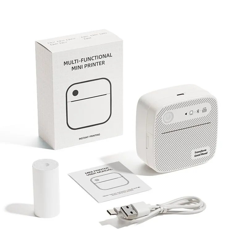 Мини-принтер для учебы и повседневной жизни белый портативный Bluetooth