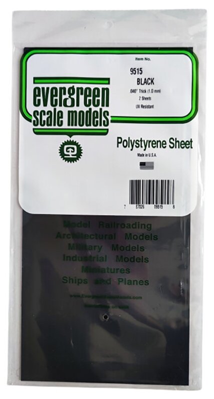 Черный пластик 1 мм, 2 листа 15х30 см, для моделирования, Evergreen