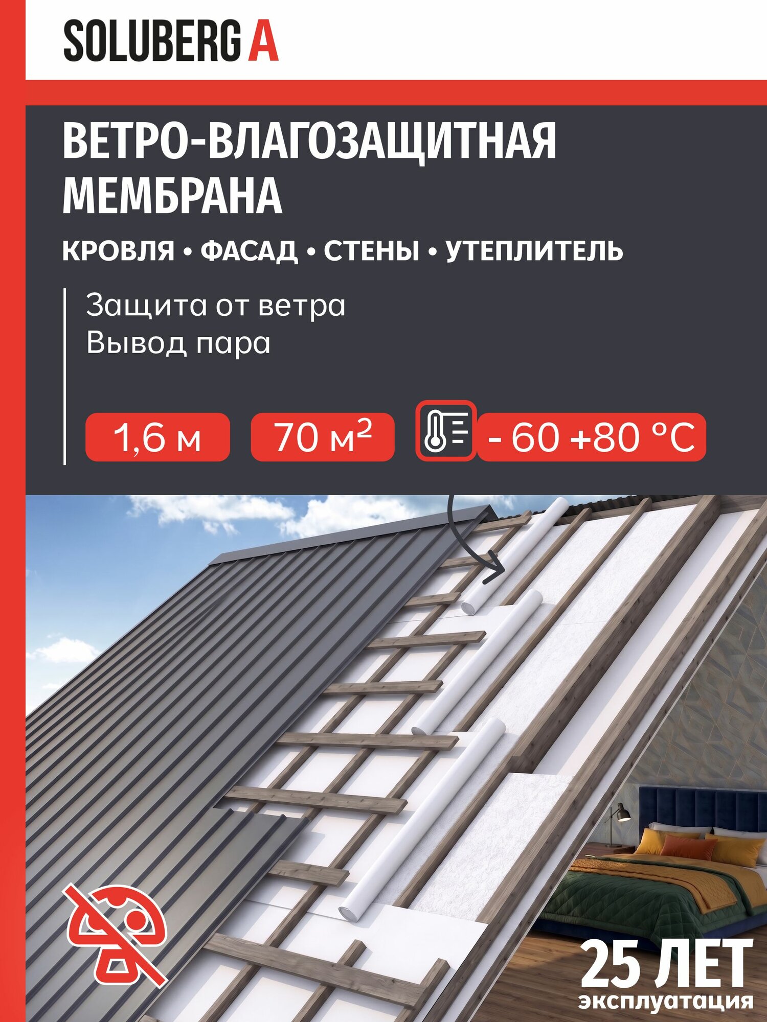 Гидро-ветрозащитная мембрана SOLUBERG А, 70 м2 / Ветро-влагозащитная мембрана Солуберг A