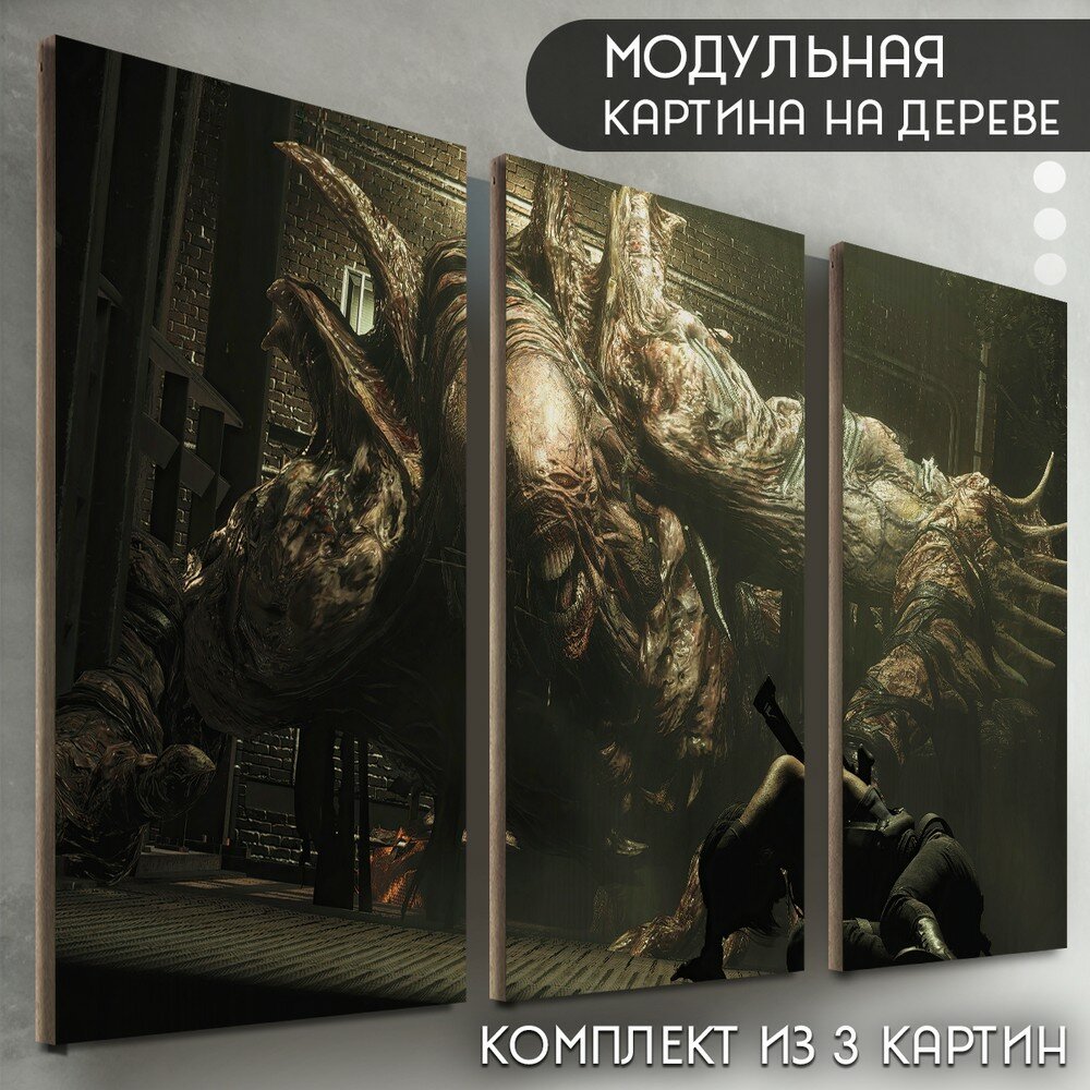 Модульная картина на дереве "игры Resident evil 3 remake (обитель зла, резидент ремейк, хоррор, Джилл Валентайн, Немезис) - 6303"