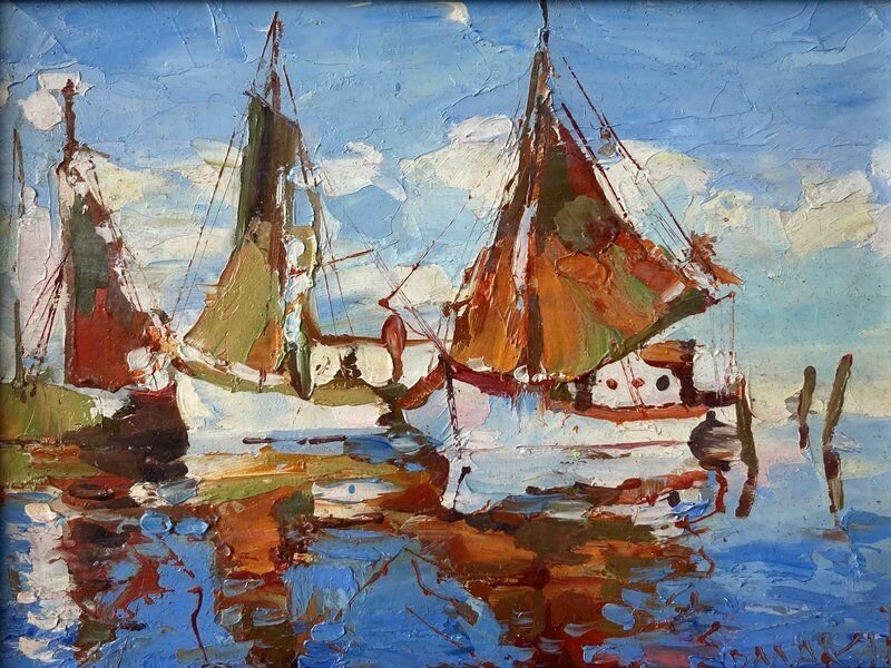 ART-Salon at Oktyabrskaya картина "Лодки", 17х24 см, оргалит, масло, авторская работа
