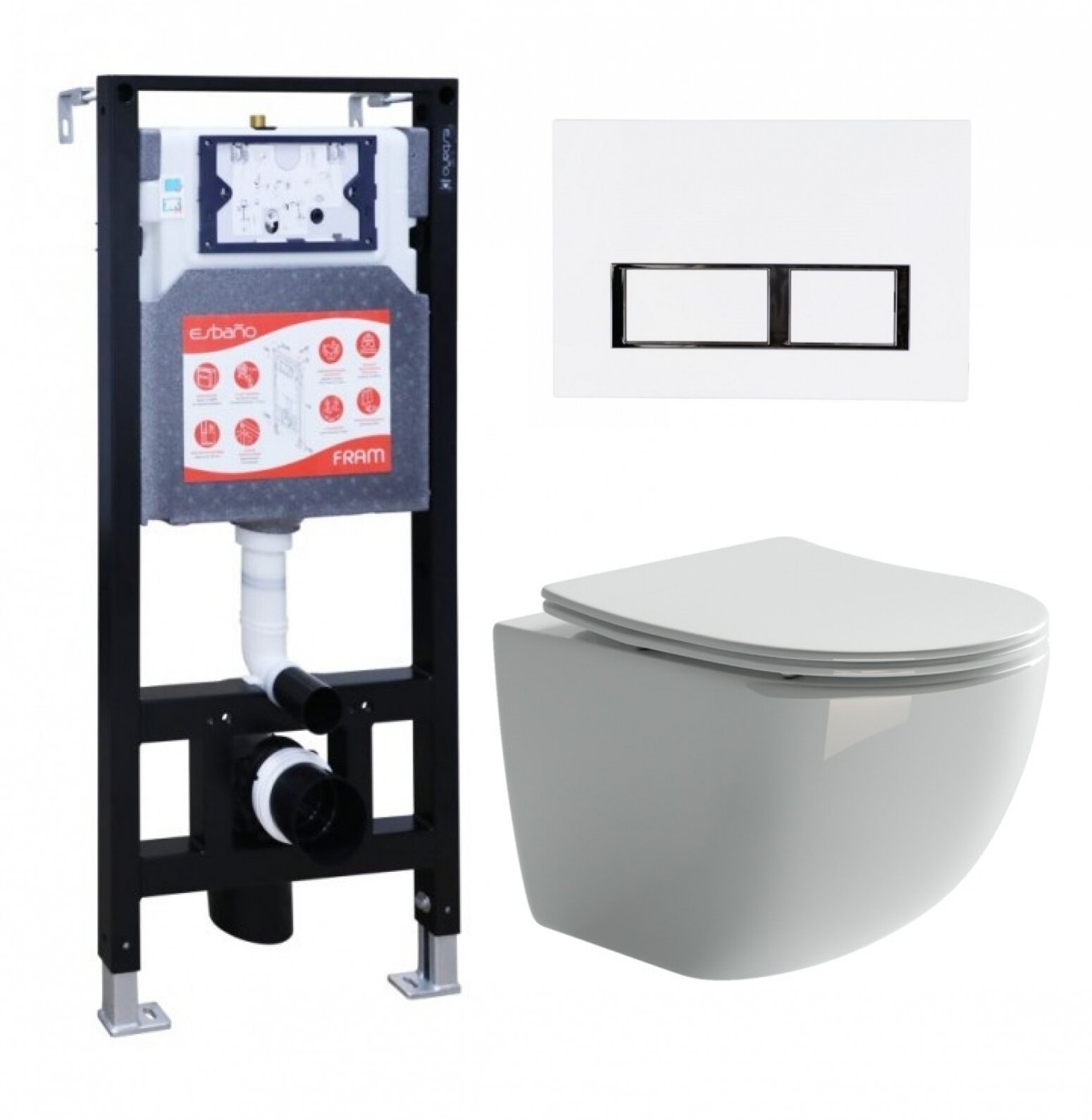 Комплект 3 в 1 инсталляция ESBANO FRAM + Унитаз подвесной Ceramica Nova Forma CN3009 + кнопка белая глянцевая