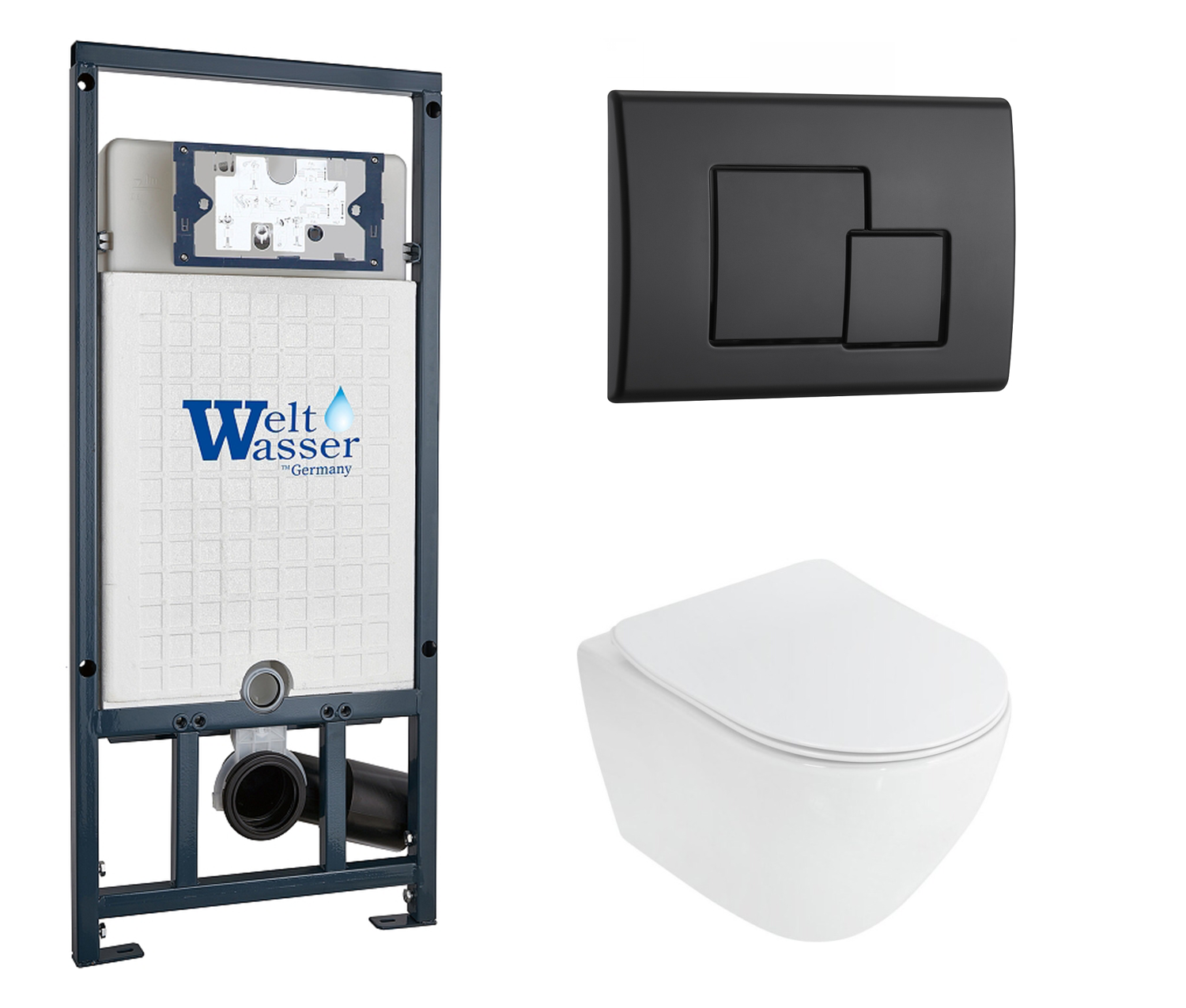 Комплект 3 в 1 инсталляция WeltWasser WW Marberg 507 + Унитаз подвесной Cezares Stylus CZR-513-TH-R с кнопкой черной SE 10000005949 + 10000010239 + CZR-513-TH-R + CZR-2011-SC