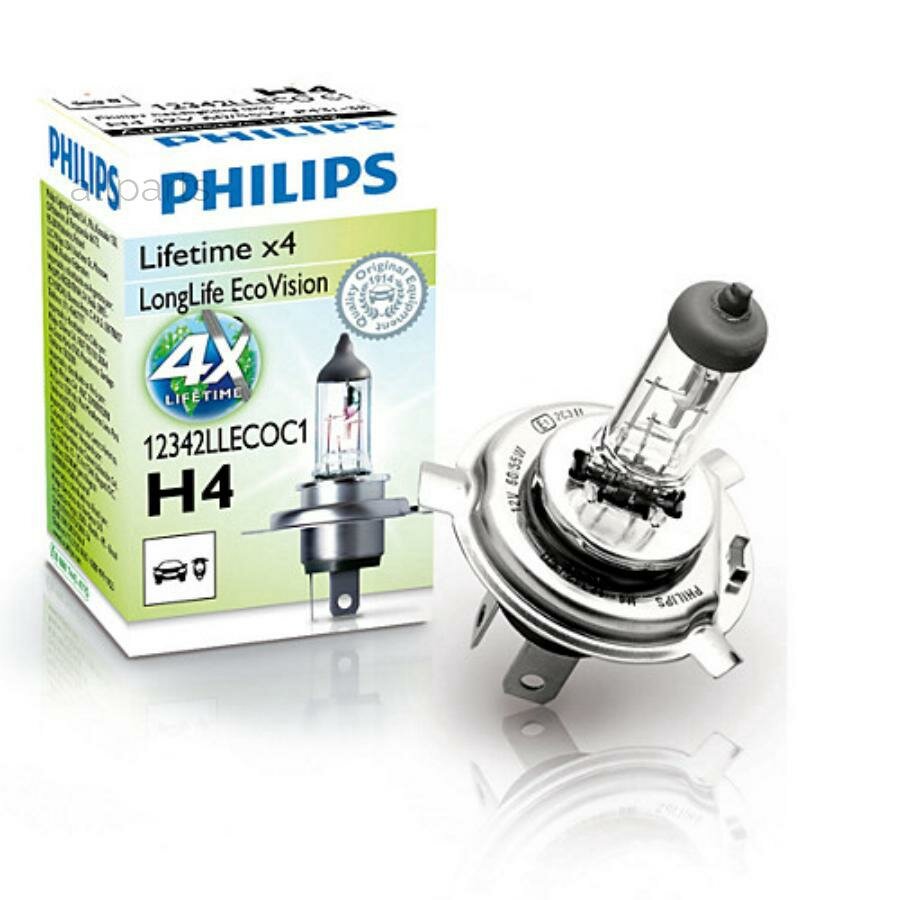PHILIPS 12342LLECOC1 Лампа галогенная H4 12V 60/55W P43T-38 LONGLIFE ECOVISION (4-х кратный срок службы по сравнению со стандартной лампой)