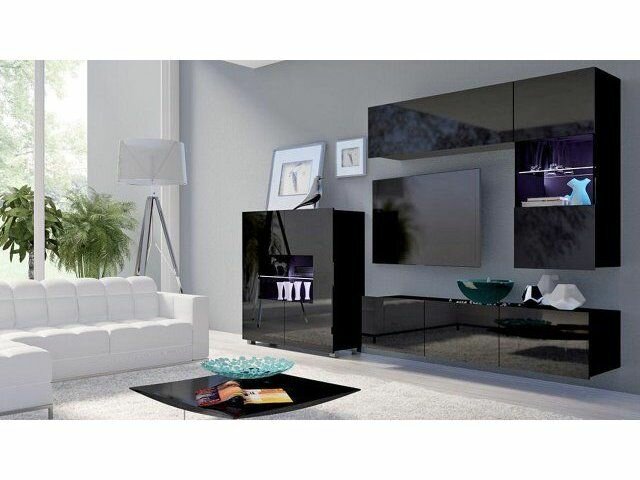 Гостиная Порту-3, корпус ЛДСП черный, фасад МДФ черный глянец