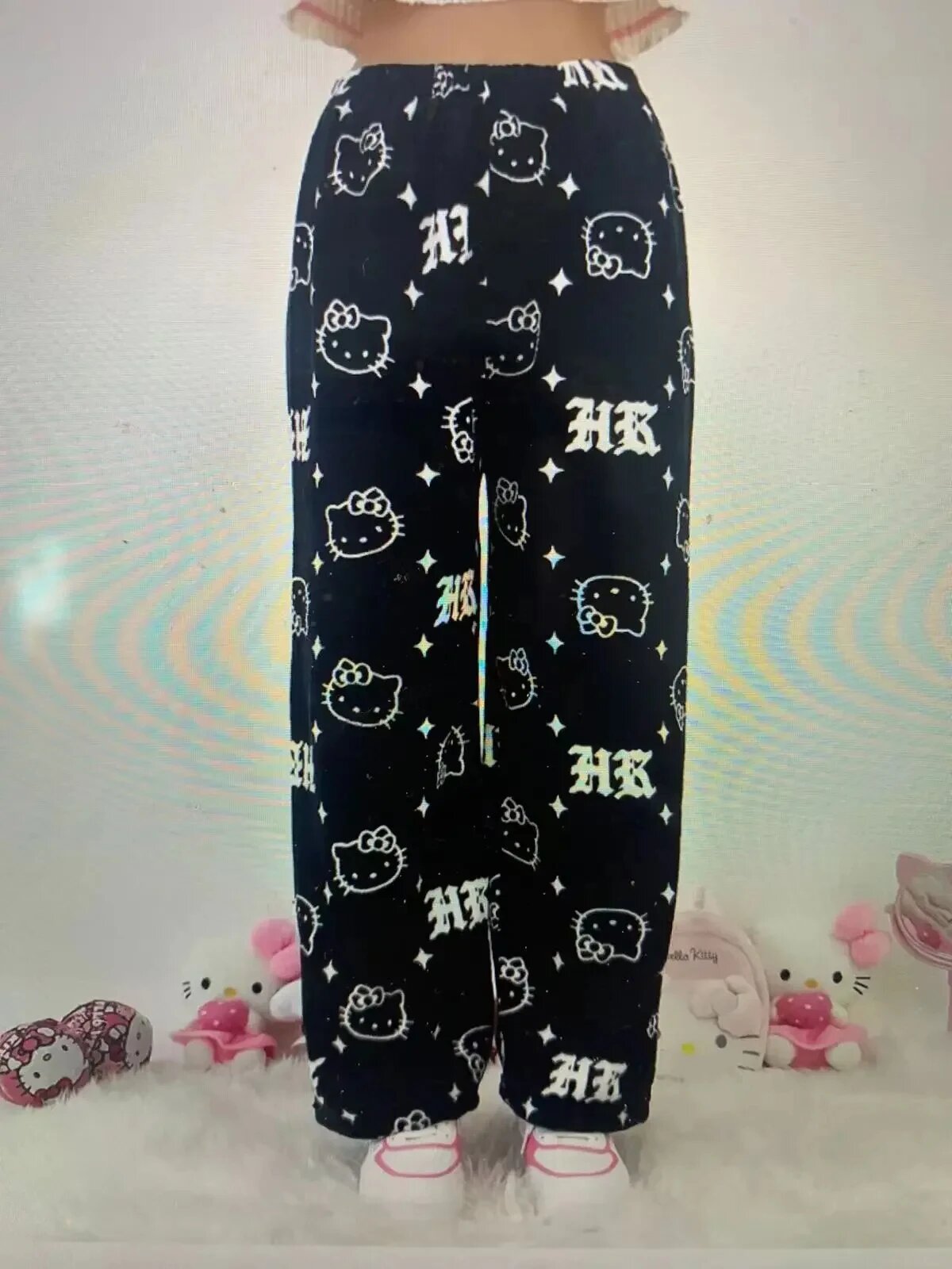 MINISO Женская фланелевая пижама Sanrio Hello Kitty Anime Y2K, теплые шерстяные повседневные домашние брюки с мультяшным рисунком, модные длинные брюки для осени и зимы, Размер: L 47-55 кг