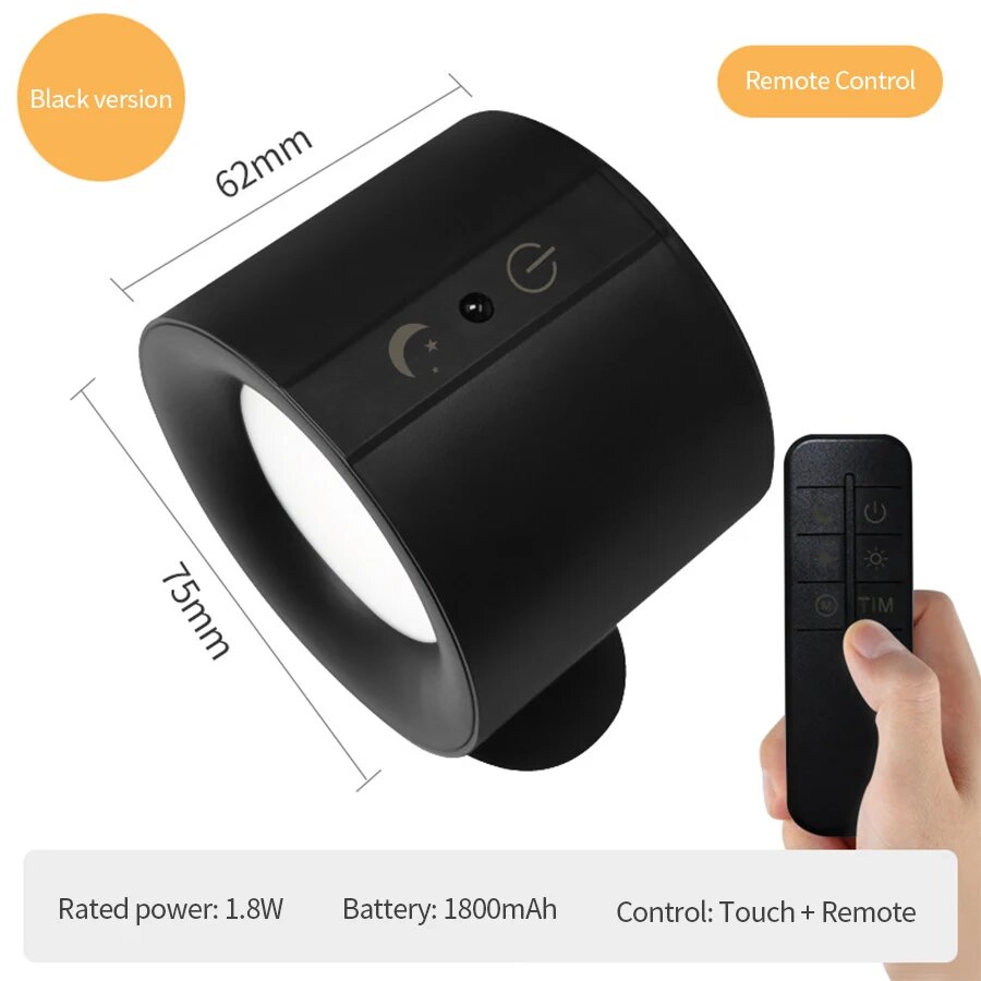 Светодиодная настенная лампа Black, 62x75mm, 1.8W, 1800mAh, Remote Control