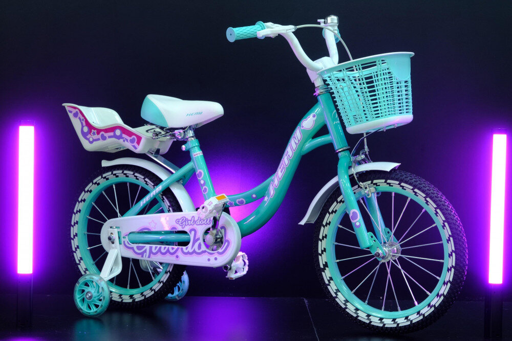 Велосипед детский HEAM Girl Doll 14, светло голубой/розовый, для девочек ростом 95–110см, стальная рама, тормоз ножной