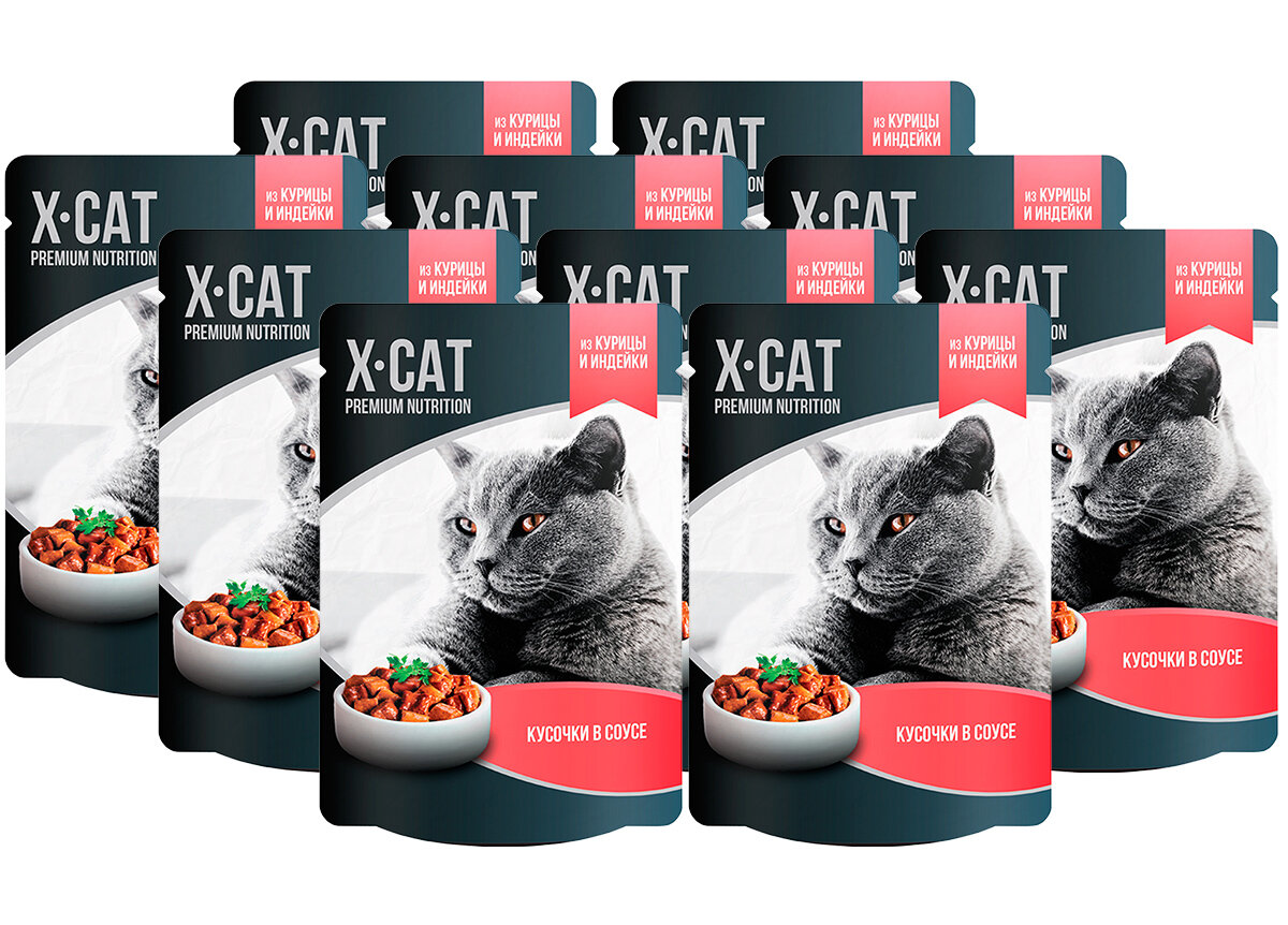 Корм влажный X-Cat для взрослых кошек, курица и индейка в соусе, 85 г х 10 шт