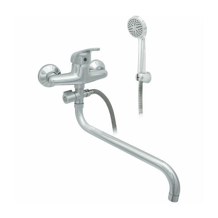 Смеситель для ванны с душем одноручный круглый излив, душевой шланг н/ж сталь, хромированная пластиковая лейка и кронштейн Стандарт ЦС-СМ 300/1-4 М-40 Центр Сантехники (Подольск) ПП800130