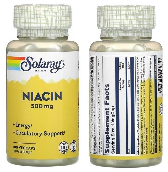 Solaray, niacin, ниацин, 500 мг, 100 капсул