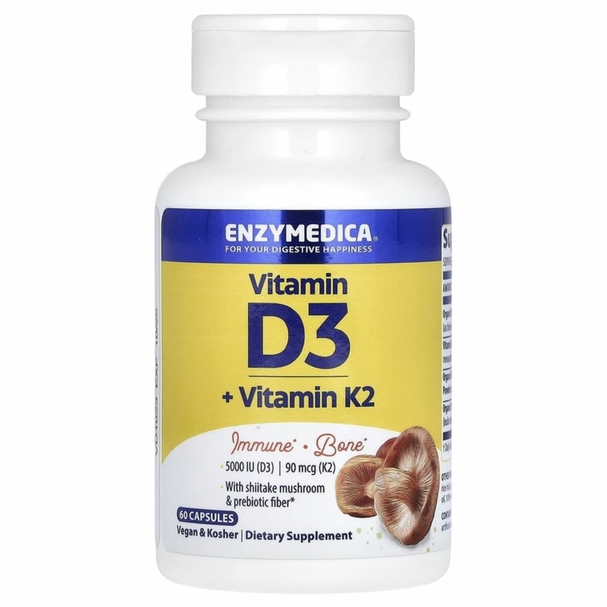 Витаминный комплекс Enzymedica Vegan D3+K2, для костей и иммунитета, веганский, 60 капсул