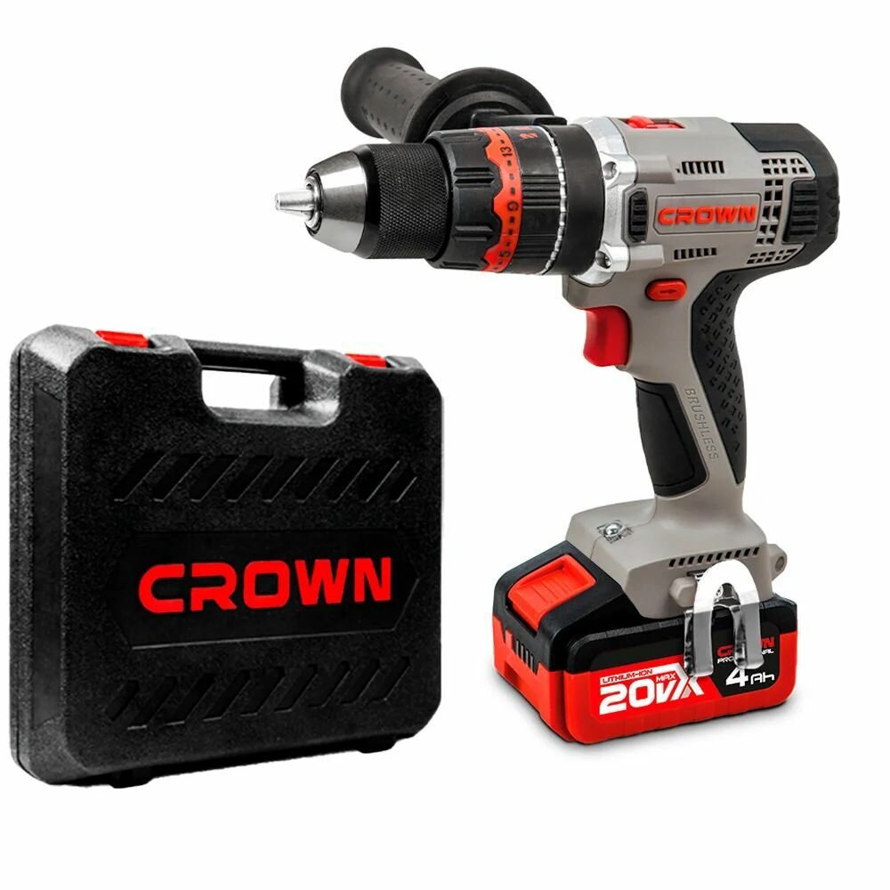 Шуруповерт аккумуляторный бесщеточный 20В 2*4Ач Li-Ion 2000об/мин 75Нм ЗУ, CROWN