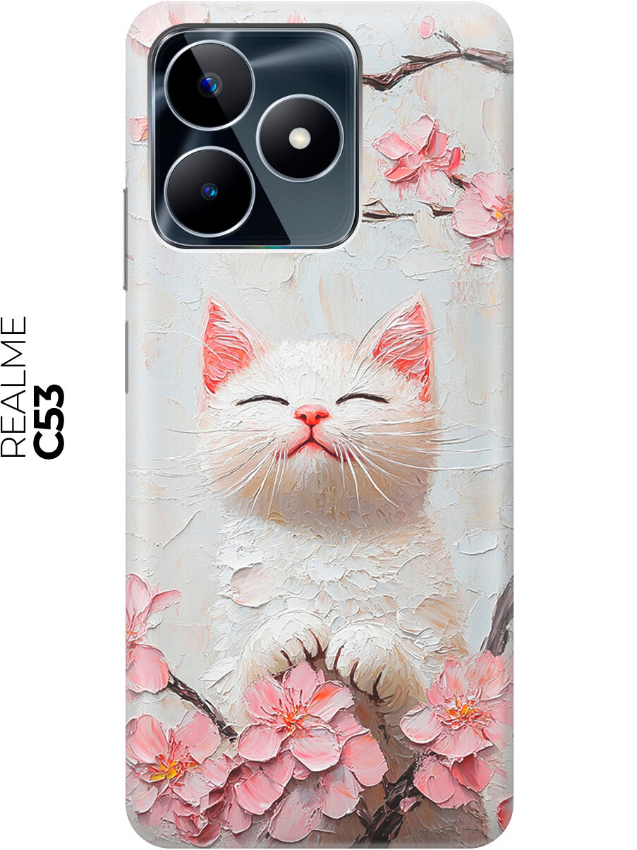 Силиконовый чехол на Realme C53 / C51 с принтом "Котик и сакура"