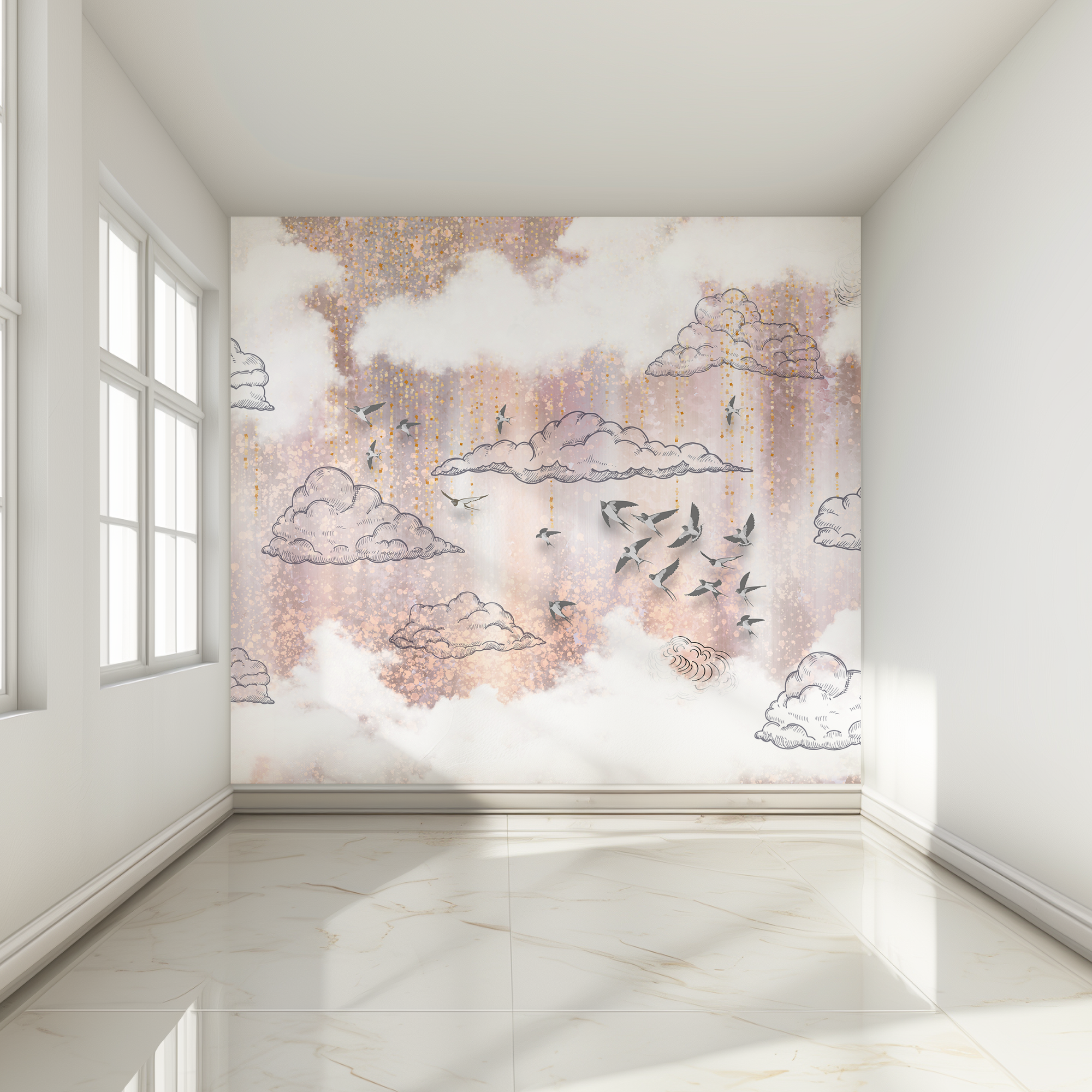 Фотообои 3д на стену "Облака", флизелиновые 300х270 см на кухню, спальню, зал, в детскую