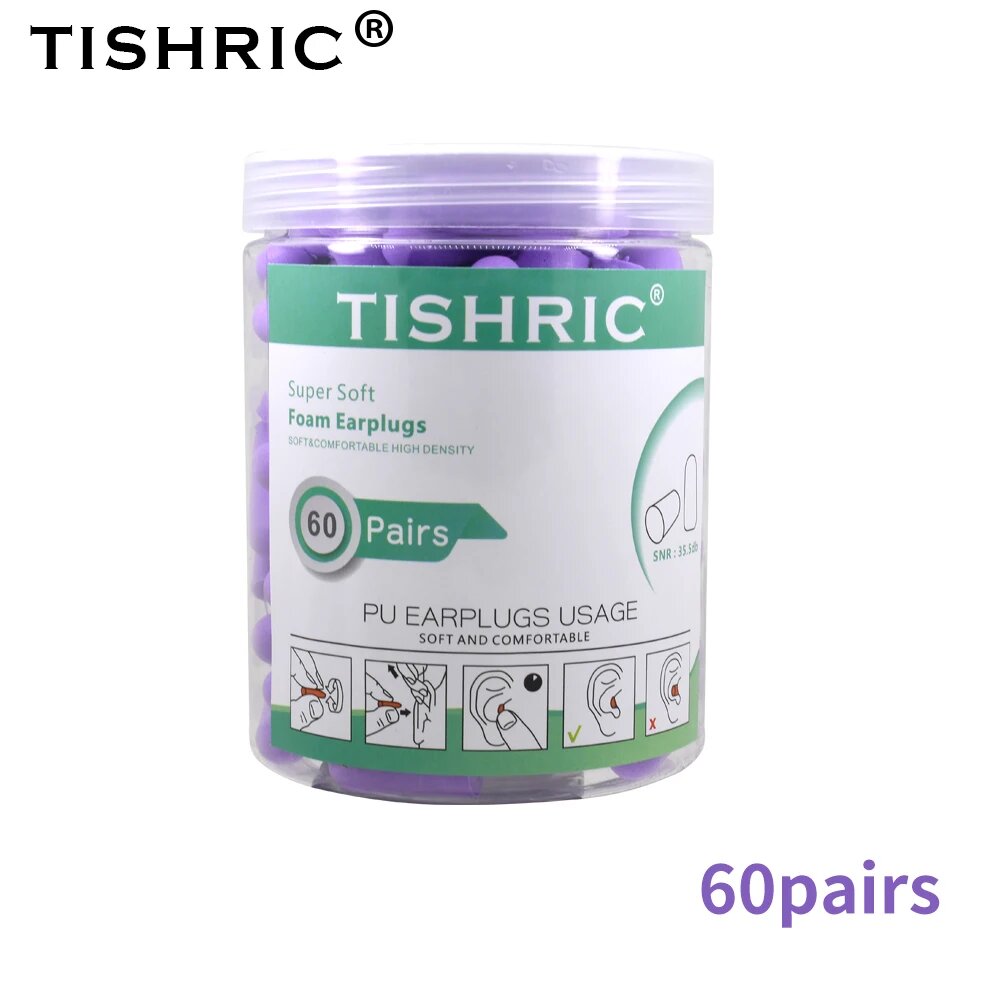 TISHRIC Беруши из пены 60 пар, фиолетовые