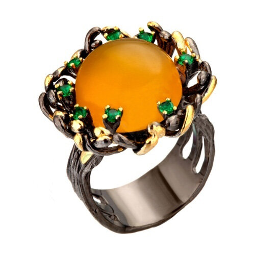 Кольцо, серебро, 925 проба, золочение, родирование, шпинель синтетическая, янтарь синтетический