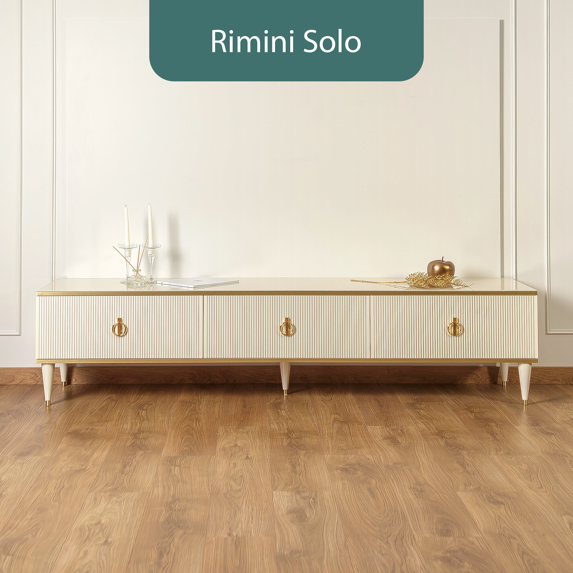 Тумба ТВ (3 ящика, 3д-3 ящика)Rimini Solo. Слоновая кость/золото