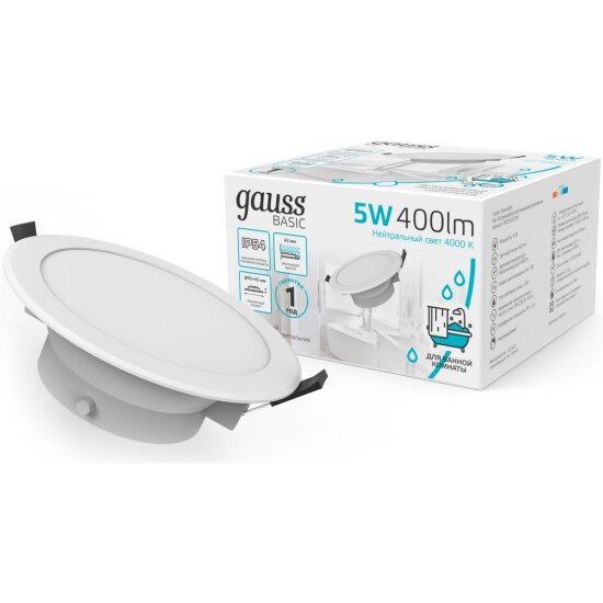 Светильник downlight Gauss Basic круг 5W 400lm 4000K 185-250V IP54 90*44 белый LED 1/40