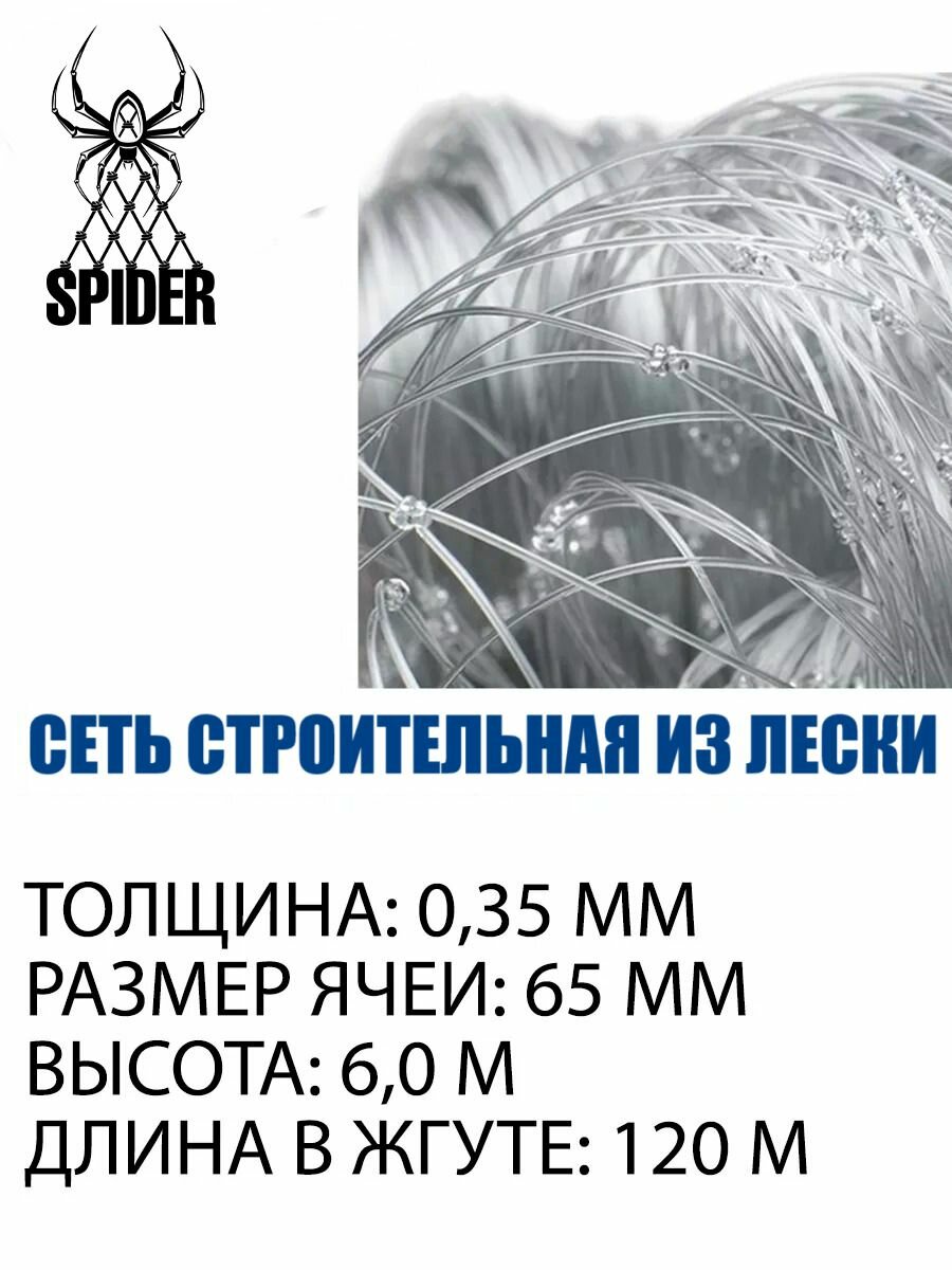 Сетка строительная Spider леска, толщина 0,35 мм, ячея 65 мм, высота 6,0 м кукла